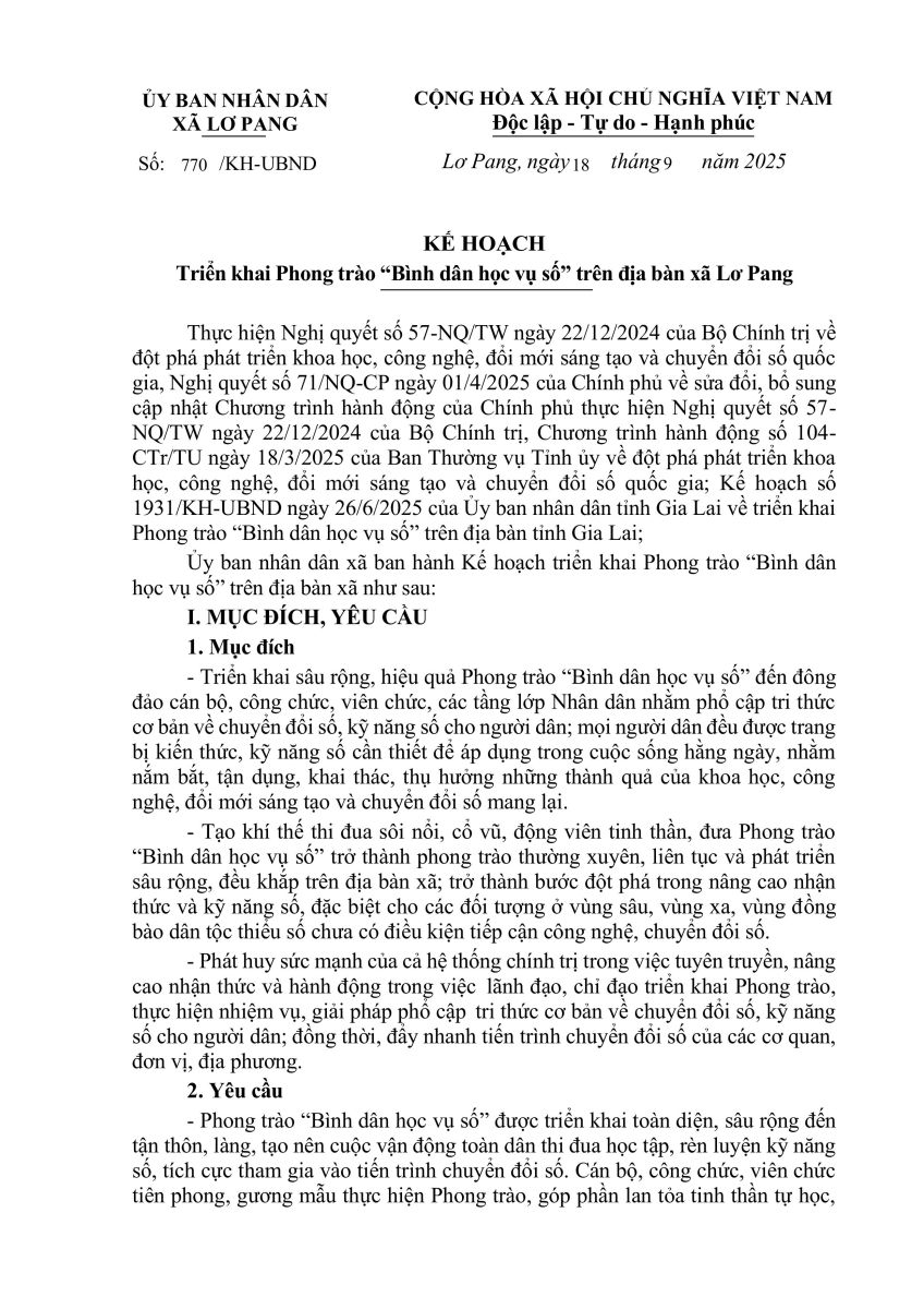 Kế hoạch số 770/KH-UBND ngày 18 tháng 9 năm 2025 của UBND xã Lơ Pang về Triển khai Phong trào ...